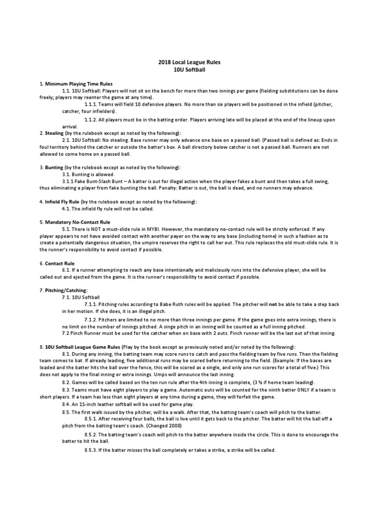 2018 10u Local League Rules | PDF | Batting (Baseball) | Pitcher