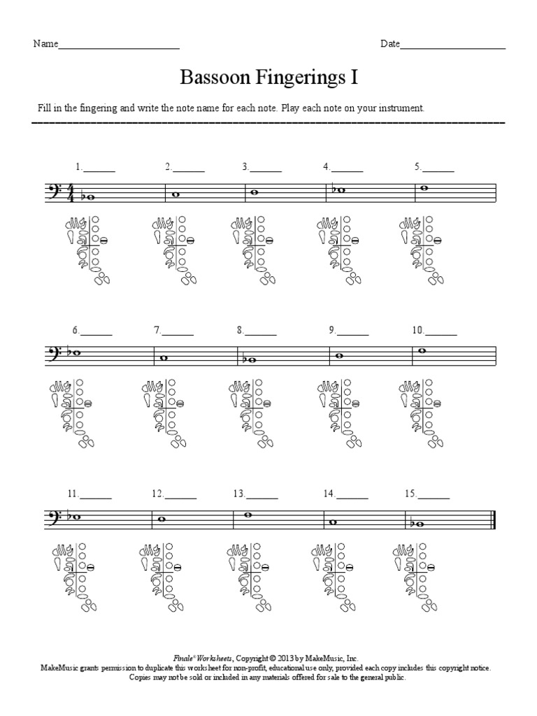 6605 Bassoon Fingering Worksheet 1 | PDF