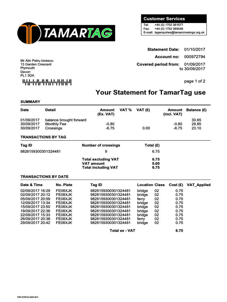 Your Statement For Tamartag Use: Customer Services | PDF | Business