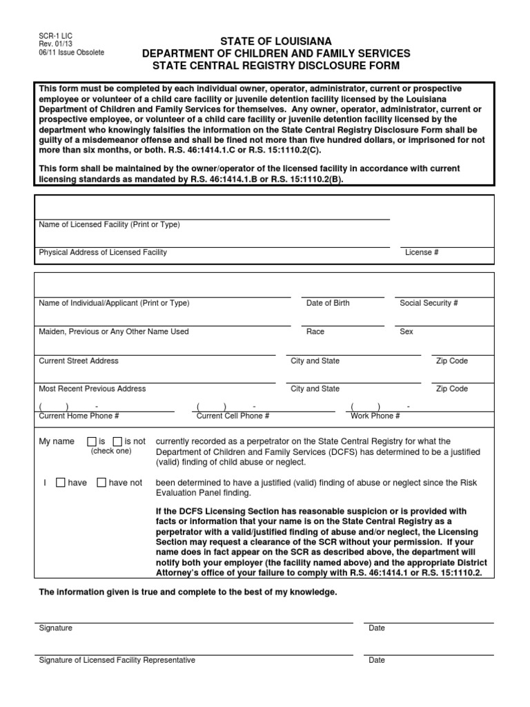 SCR-1 LIC State Central Registry Disclosure Form | PDF | Child ...