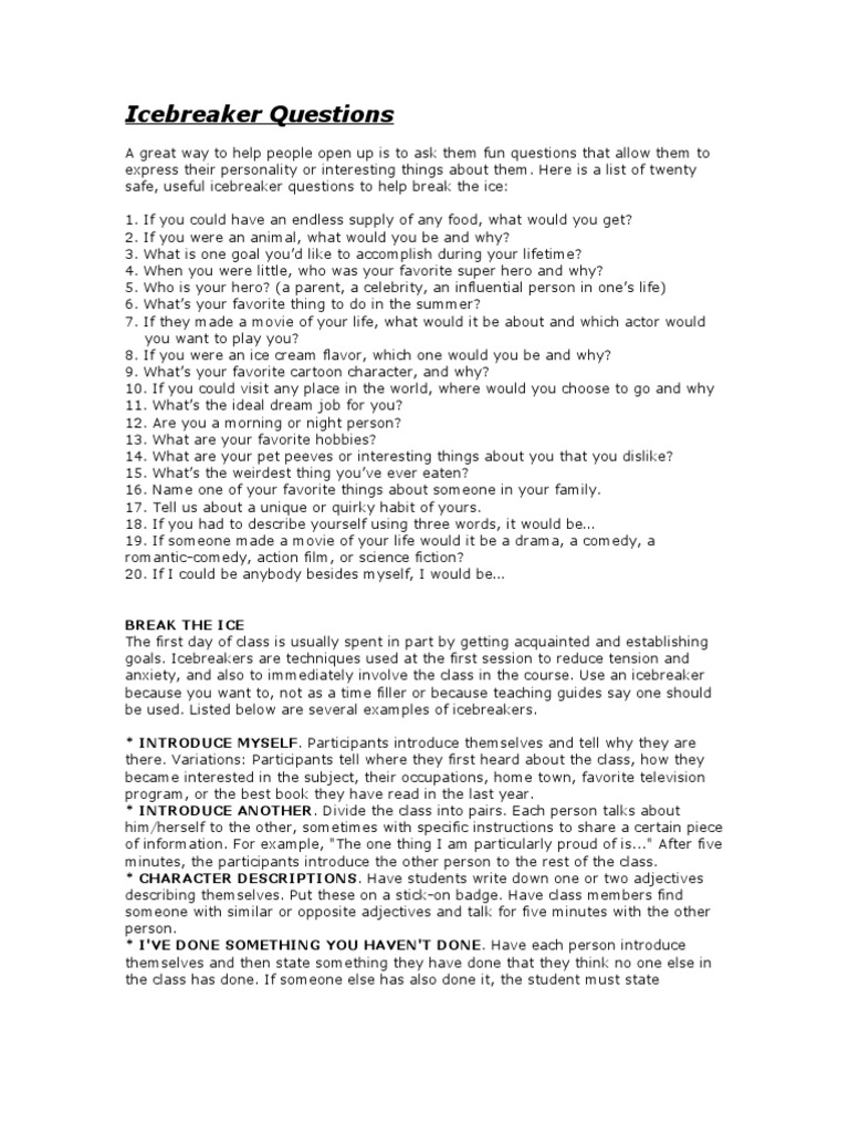 Engaging Icebreaker Questions List | PDF | Wellness | General Fiction