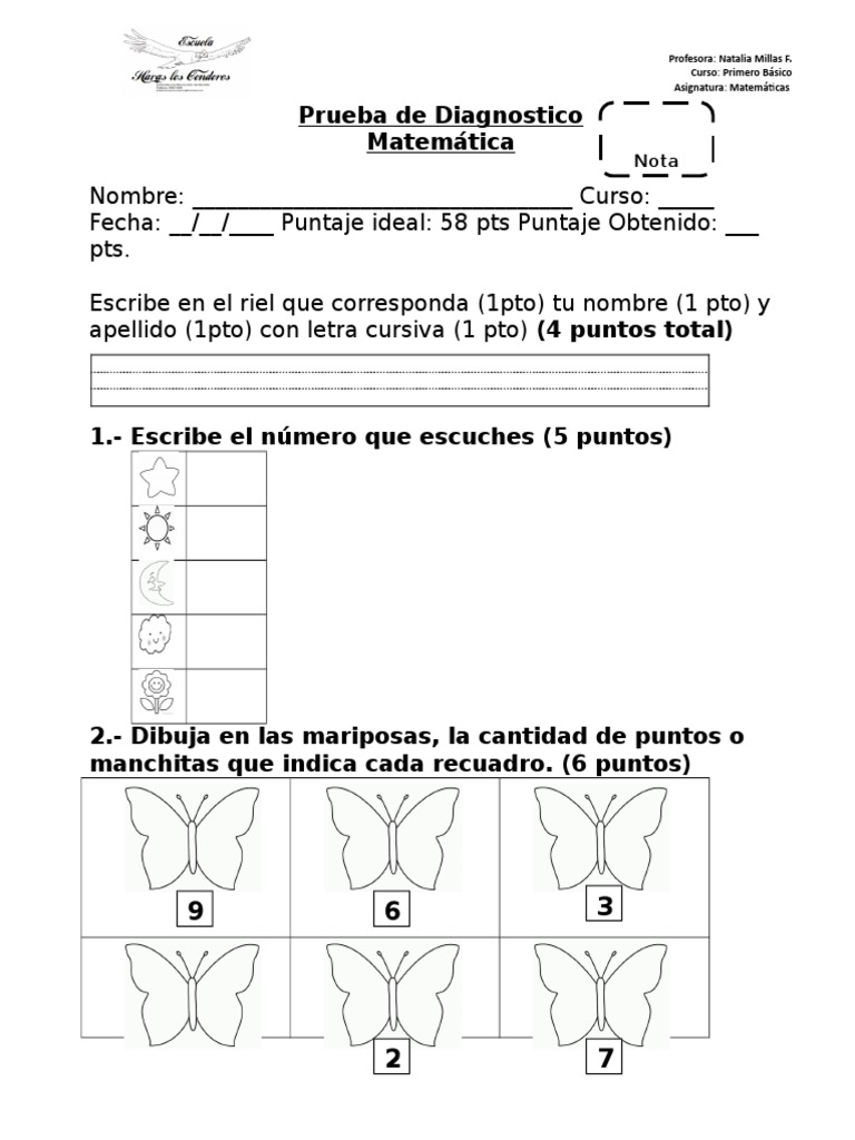 Prueba de Diagnostico de Educacion Matematica Primero Basico | PDF ...
