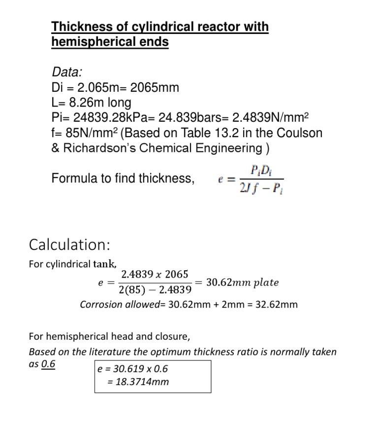 Thickness of Cylindrical Reactor With Hemispherical Ends | PDF ...