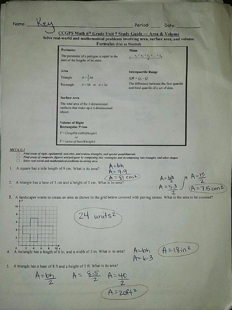 Unit 5 Study Guide Answer Key | PDF | Area | Polytopes