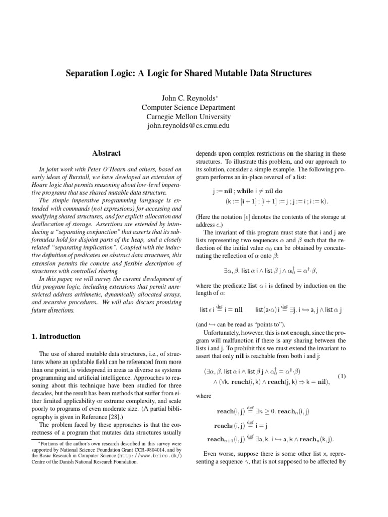 Separation Logic: A Logic For Shared Mutable Data Structures | PDF | Logic | Mathematical Logic