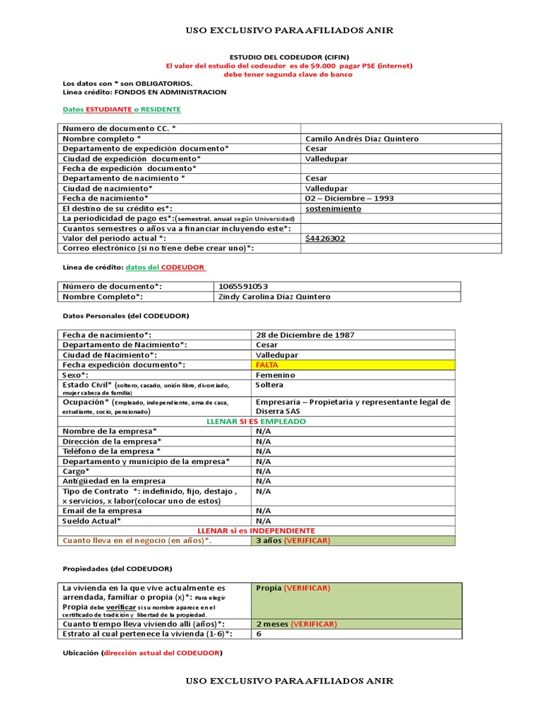 Informacion para El Borrador Formulario Estudio Del Codeudor Icetex Sin Llenar 2017 | PDF ...