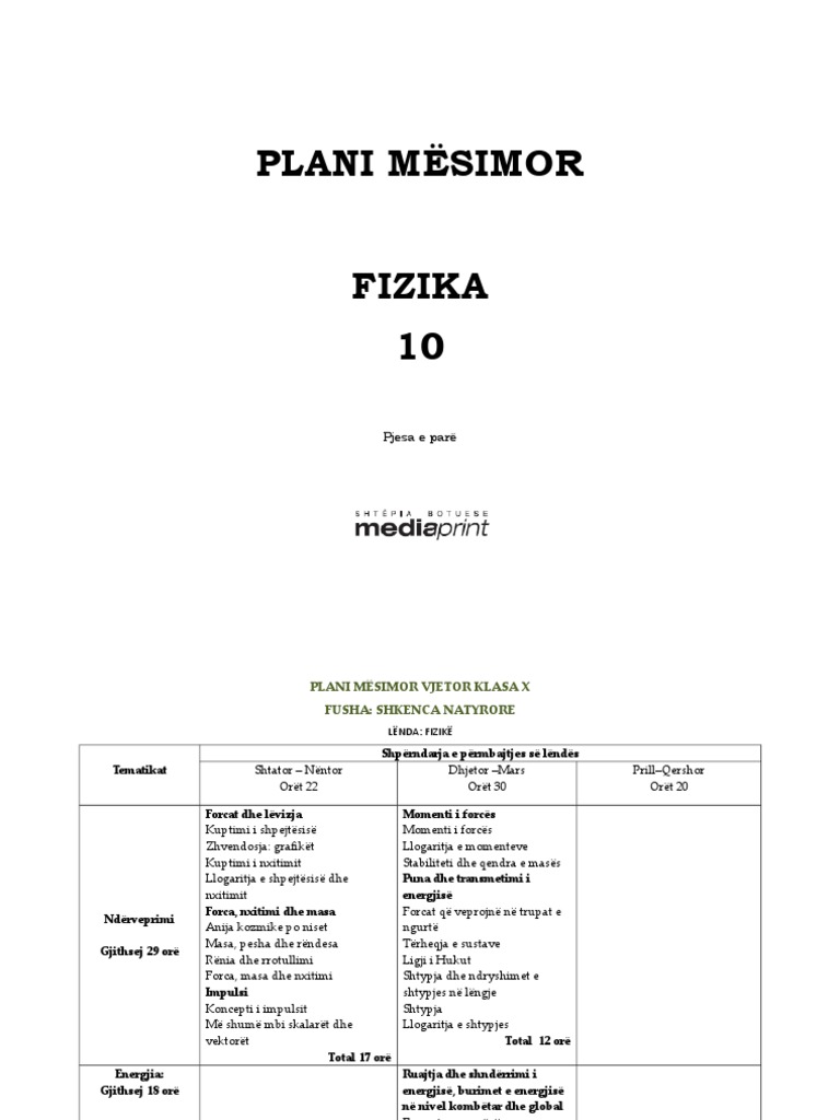 Plani Mesimor Fizika 10 | PDF