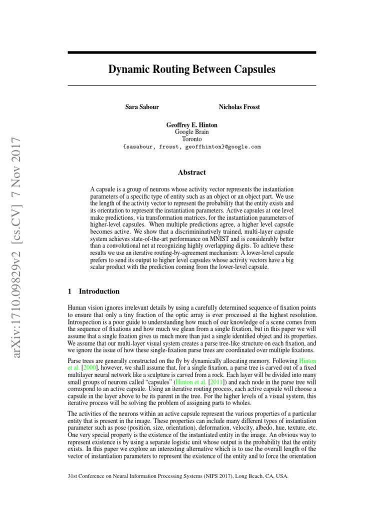 Dynamic Routing Between Capsules: Hinton Et Al. 2000 Hinton Et Al. 2011 | PDF | Artificial ...