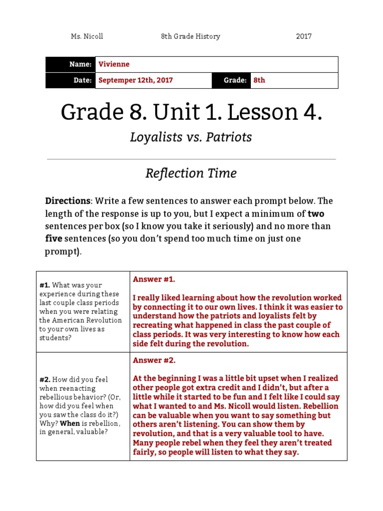 Loyalists vs. Patriots in Class Reflection | PDF | Patriot (American ...