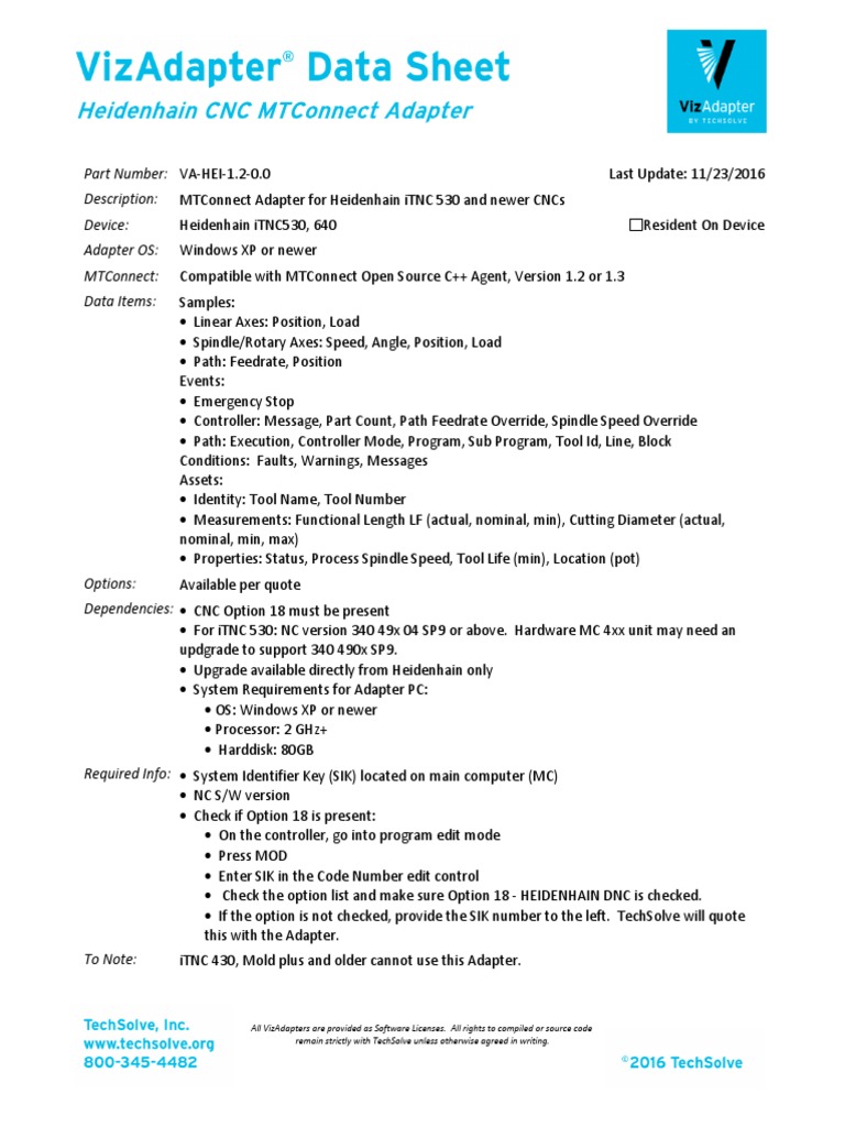 TechSolve VizAdapter Data Sheet - Heidenhain CNC MTConnect Adapter ...