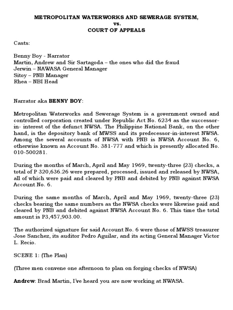 Metropolitan Waterworks and Sewerage System, vs. Court of Appeals | PDF | Cheque | Banks