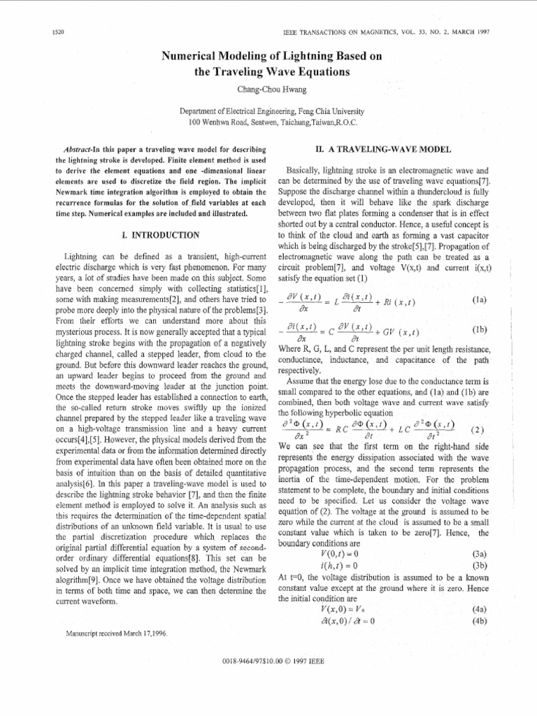 Numerical Modeling of Lightning Based On The Traveling Wave Equations ...