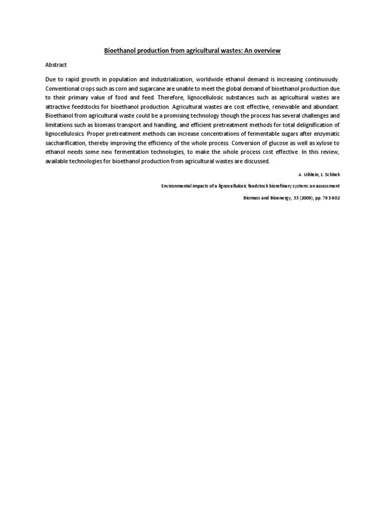 Bioethanol from Agricultural Wastes Overview | PDF | Biofuel | Ethanol