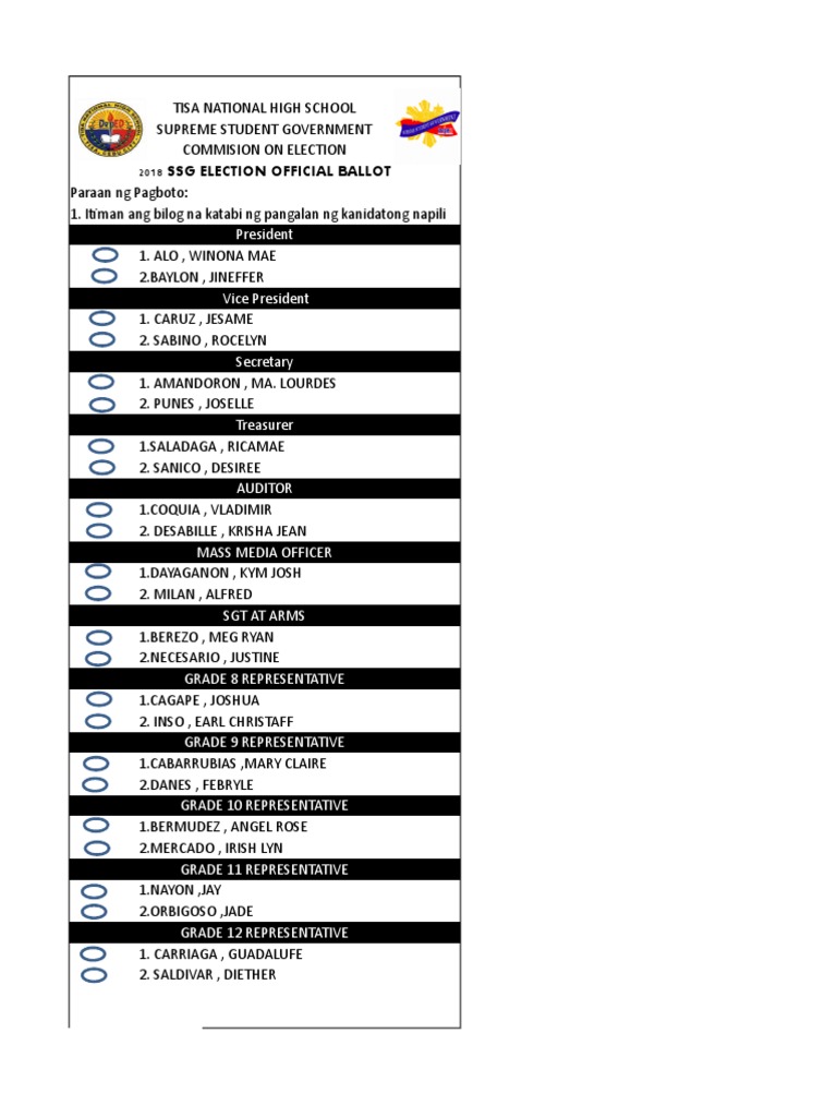 2018 SSG Election Official Ballot: President | PDF