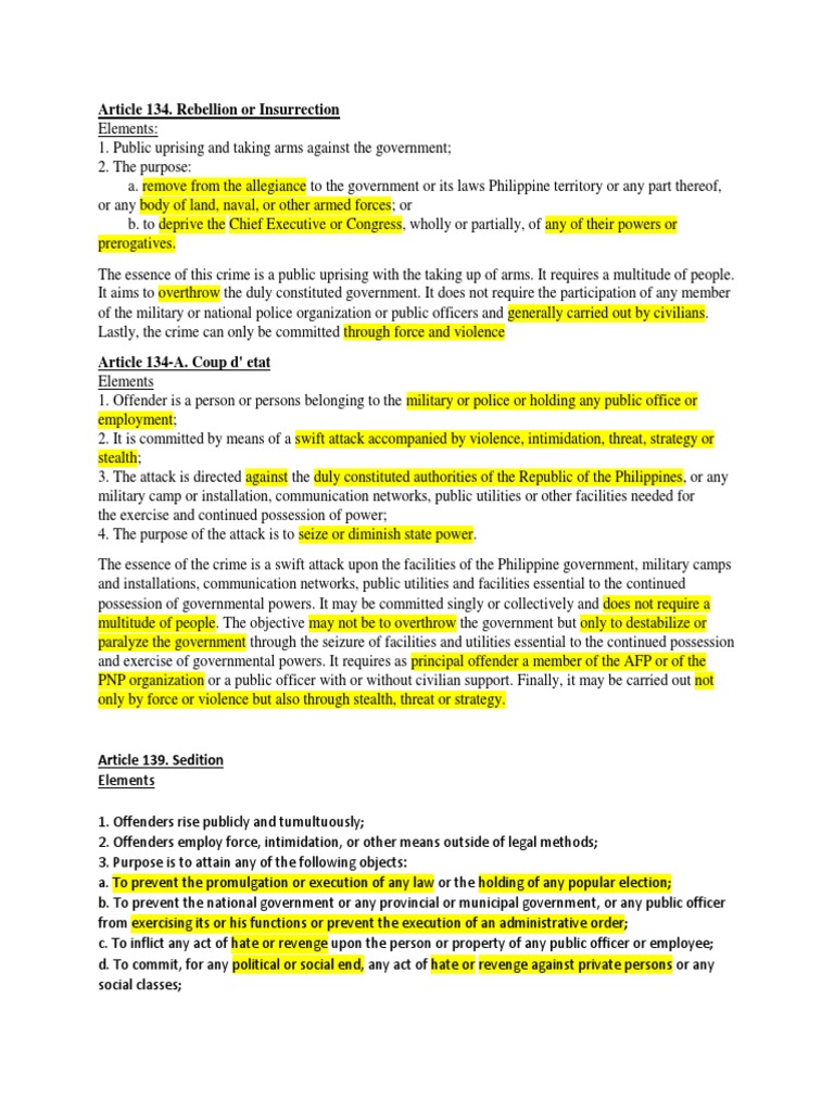 Article 134. Rebellion or Insurrection | PDF | Rebellions | Crime ...