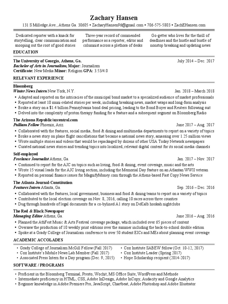 Zachary Hansen: Bachelor of Arts in Journalism, Major: Journalism | PDF ...