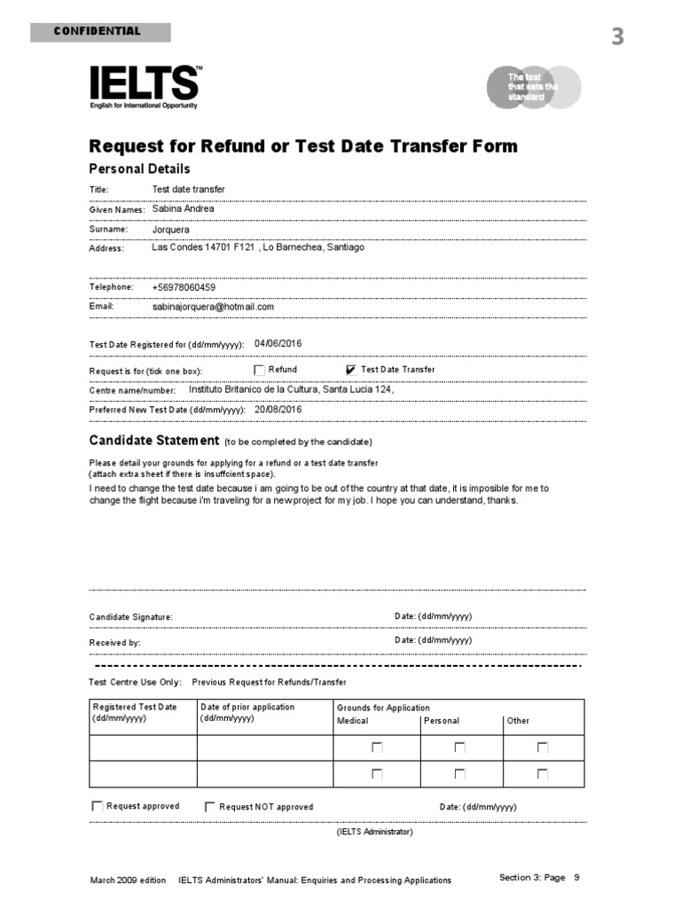 Request For Refund or Test Date Transfer Form: Personal Details ...