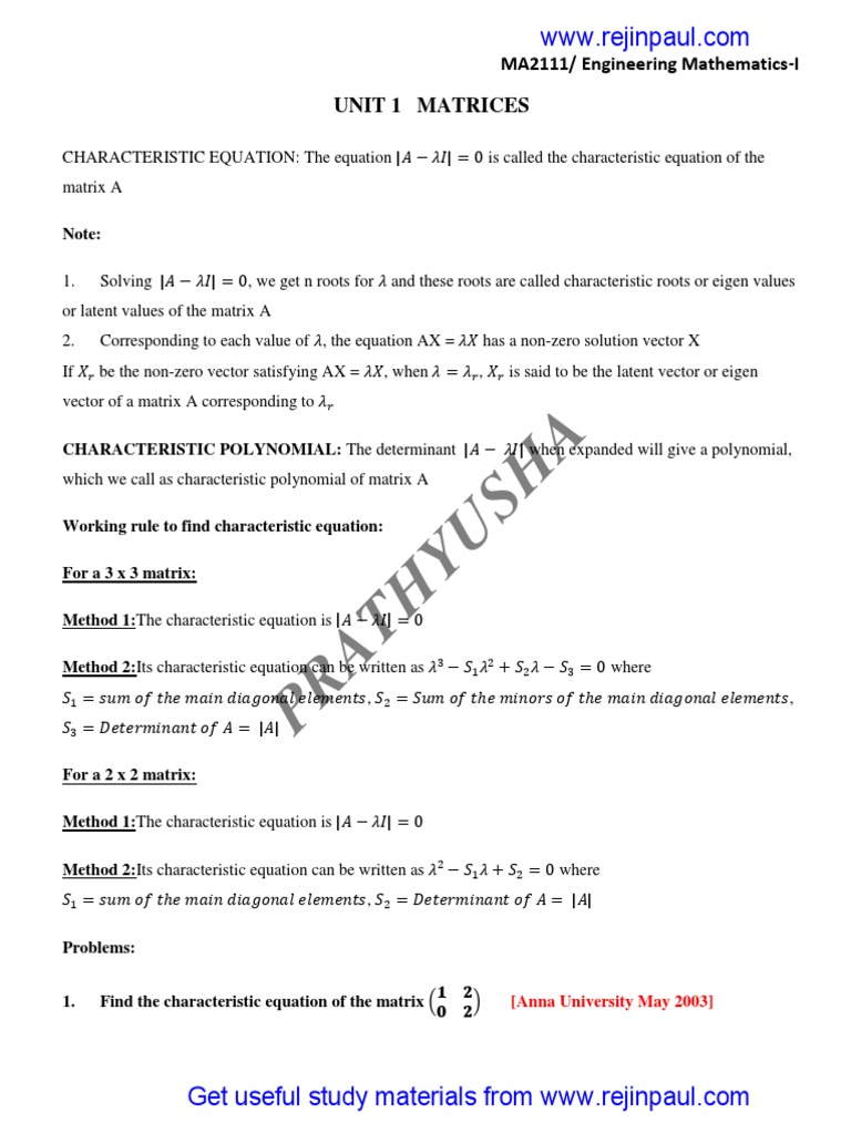 MA6151 - Mathematics - I Notes | PDF | Eigenvalues And Eigenvectors ...