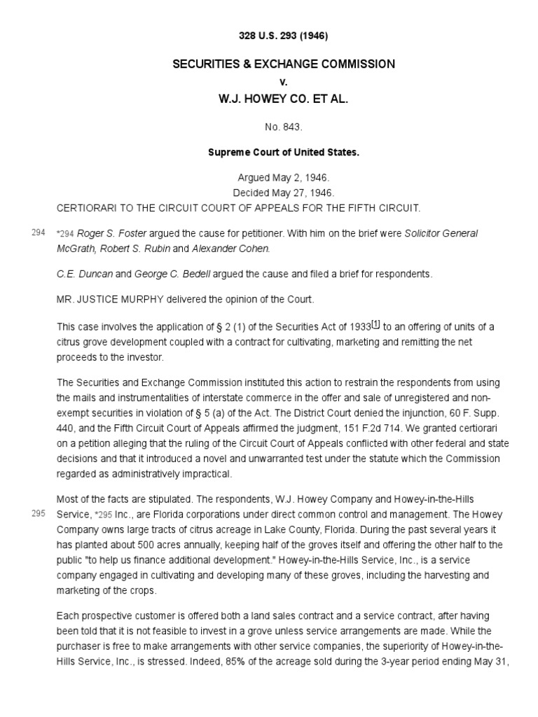 SEC v. WJ Howey Co., 328 US 293 - Supreme Court 1946 - Google Scholar ...