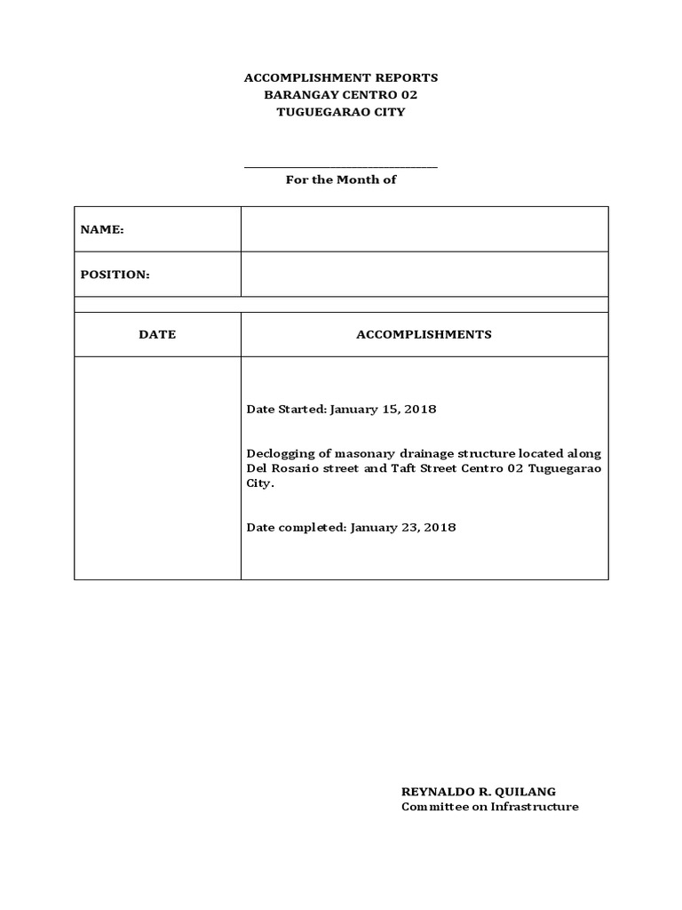 Accomplishment Reports Barangay Centro 02 Tuguegarao City: Date Started ...