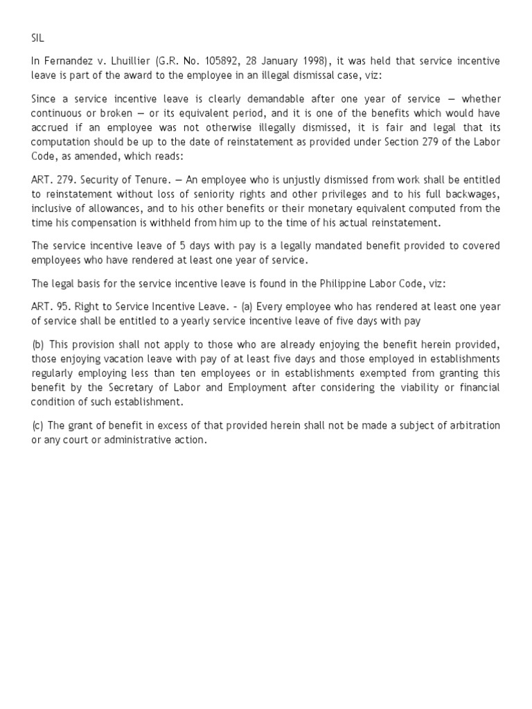 Service Incentive Leave is Part of the Award to Employees in Illegal ...