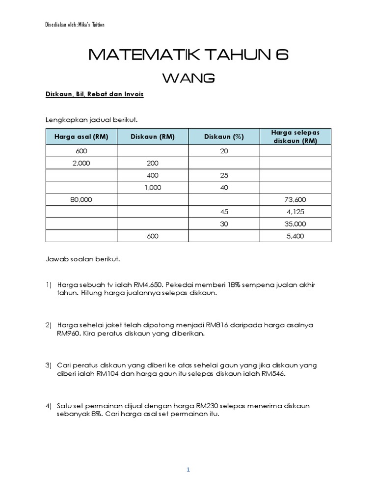 Matematik Tahun 6 Wang 2 | PDF