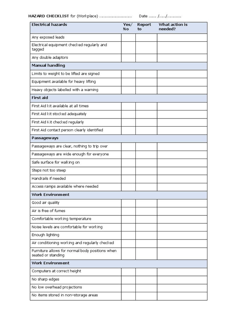 HAZARD CHECKLIST For (Workplace) Date . / / . Electrical Hazards Yes ...