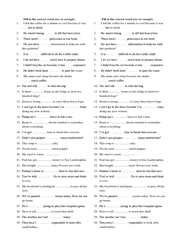 Fill in the Blanks: Too vs. Enough | PDF | Foods | Beverages