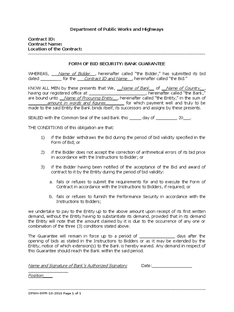 Dpwh-Infr-10-2016 Form of Bid Security Bank Guarantee | PDF | Guarantee ...