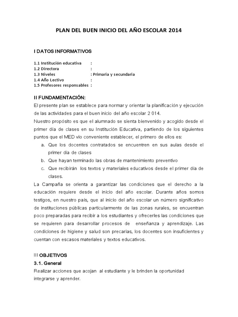 Plan Del Buen Inicio Del Año Escolar | PDF | Educación primaria | Maestros