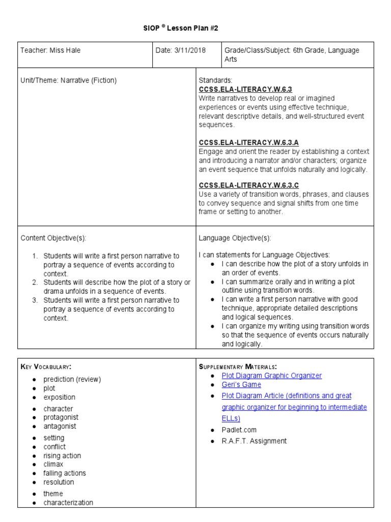 Siop Lesson Plan #2: Ccss - Ela-Literacy.W.6.3 | PDF | Plot (Narrative ...