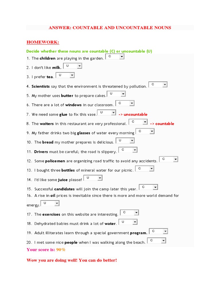 Answer Countable and Uncountable Nouns | PDF