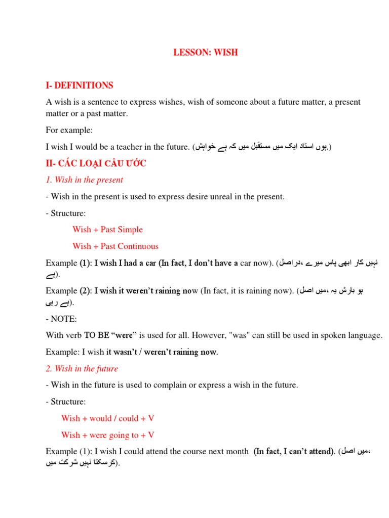 Lesson: Wish: 1. Wish in The Present | PDF | Perfect (Grammar) | Onomastics