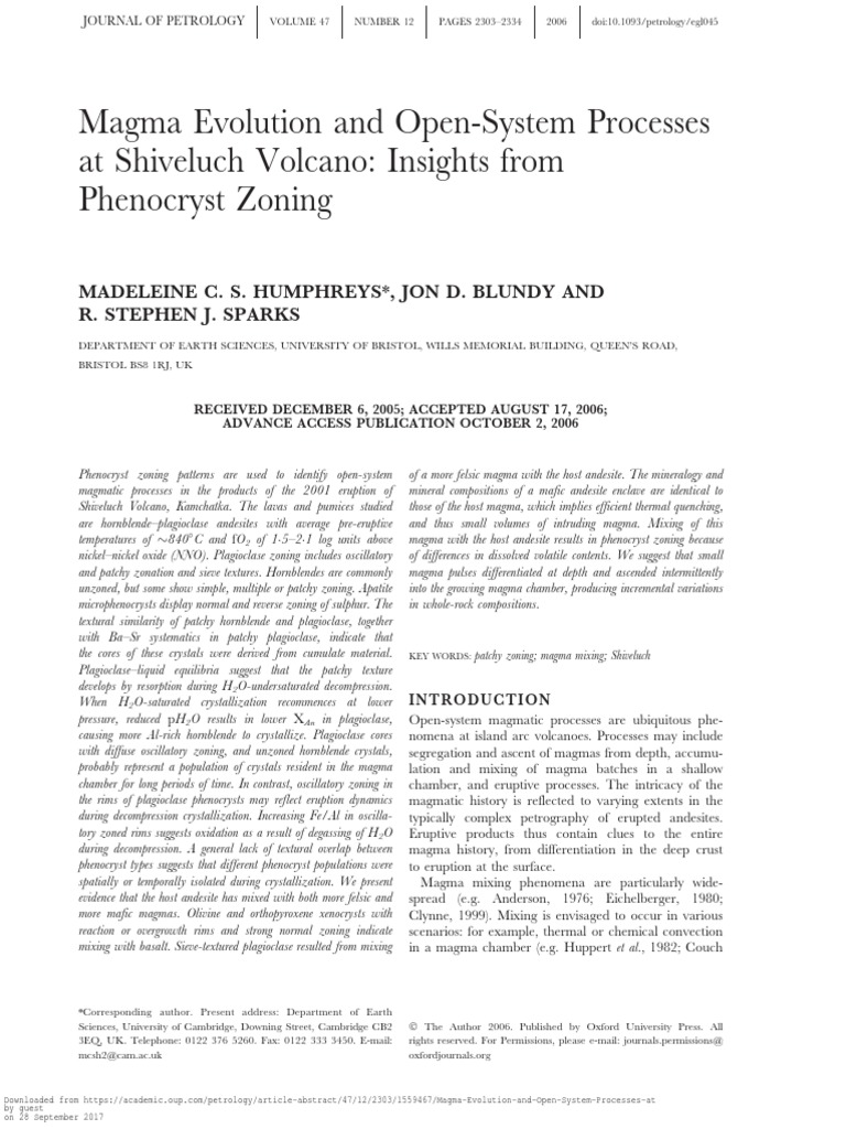Magma Evolution and Open-System Processes at Shiveluch Volcano: Insights From Phenocryst Zoning ...