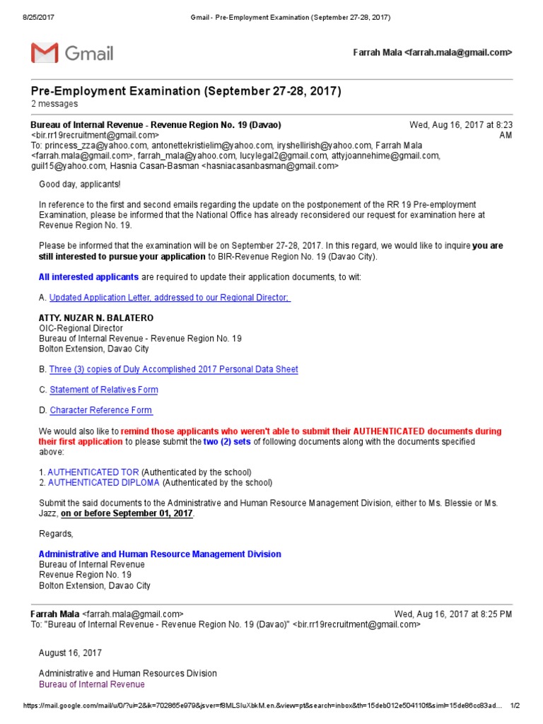 Gmail - Pre-Employment Examination (September 27-28, 2017) | PDF ...