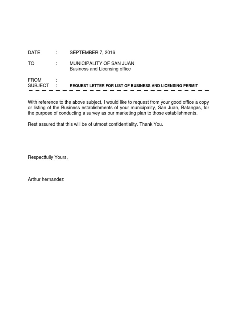 Request Letter For List of Business and Licensing Permit | PDF