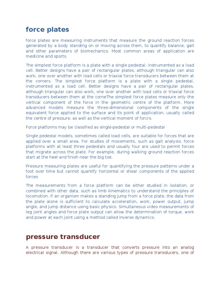 Force Plates: Pressure Transducer | PDF | Electromyography | Medical ...