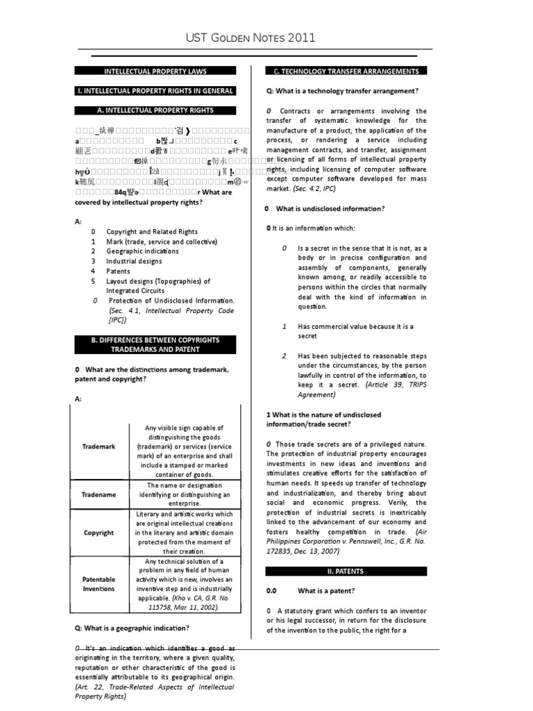 UST Golden Notes - Intellectual Property Law | PDF | Patent Application ...