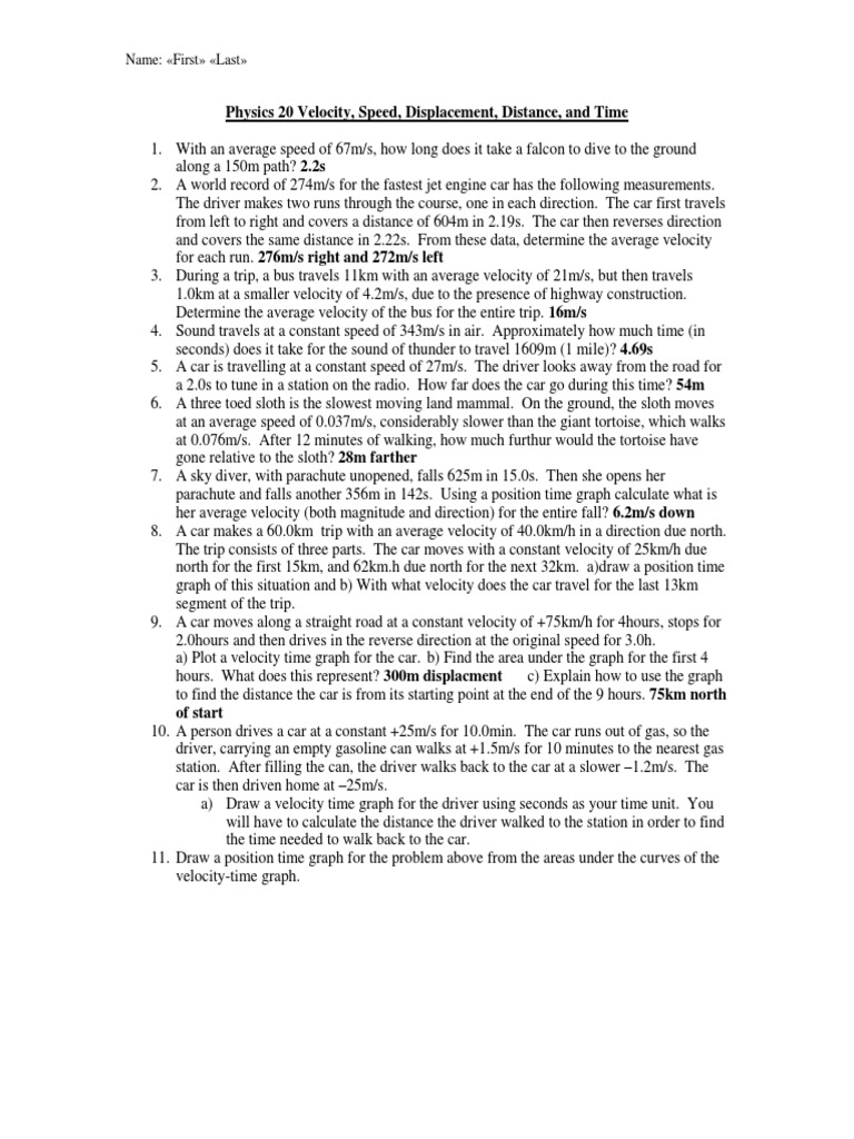 Lesson01 Position Displacement and Velocity Worksheets | PDF | Velocity ...