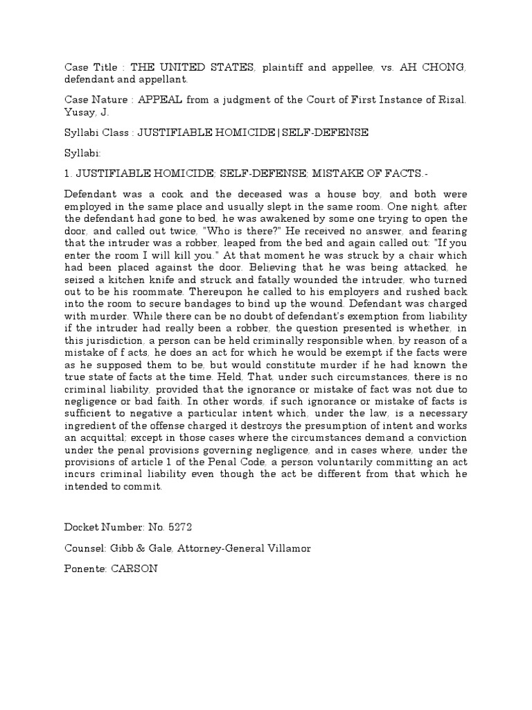 US v. Ah Chong 15 PHIL 488 | PDF | Intention (Criminal Law) | Crime ...