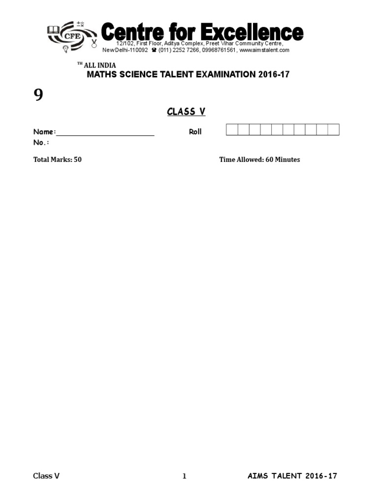 Maths Science Talent Examination 2016-17: Name: - Roll No. | PDF | Rock ...