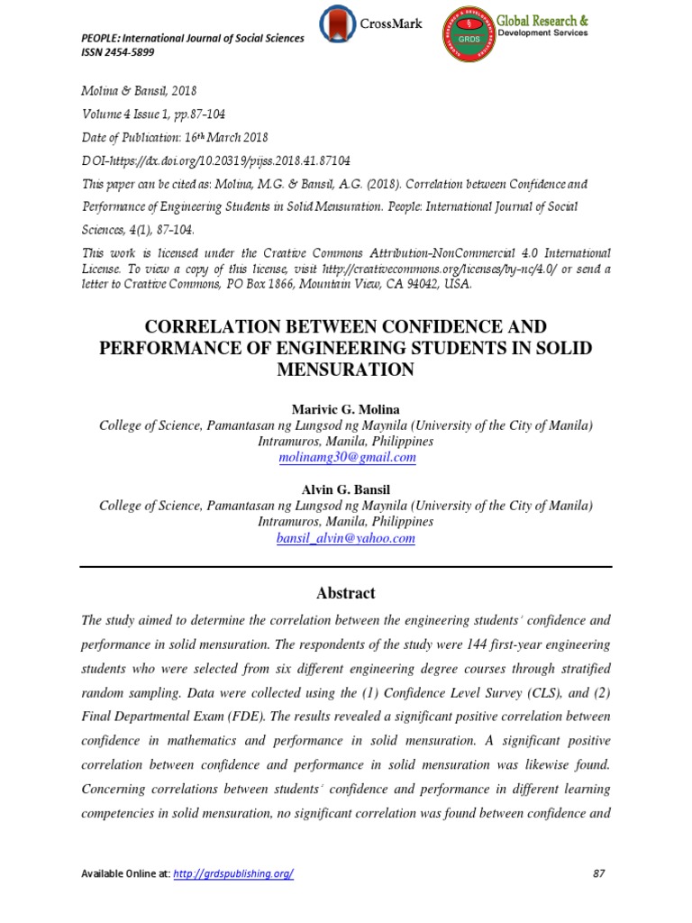 Correlation Between Confidence and Performance of Engineering Students in Solid Mensuration ...