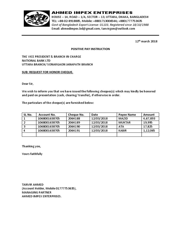 Positive Pay Instruction NBL 03 | PDF