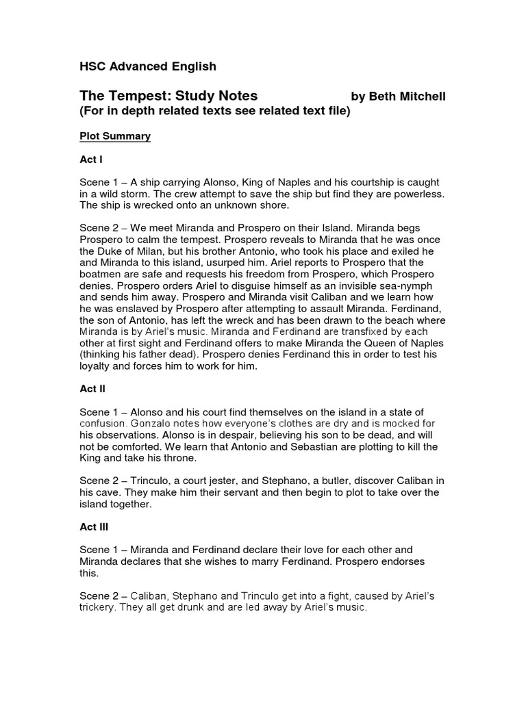 The Tempest: Study Notes: HSC Advanced English by Beth Mitchell (For in ...