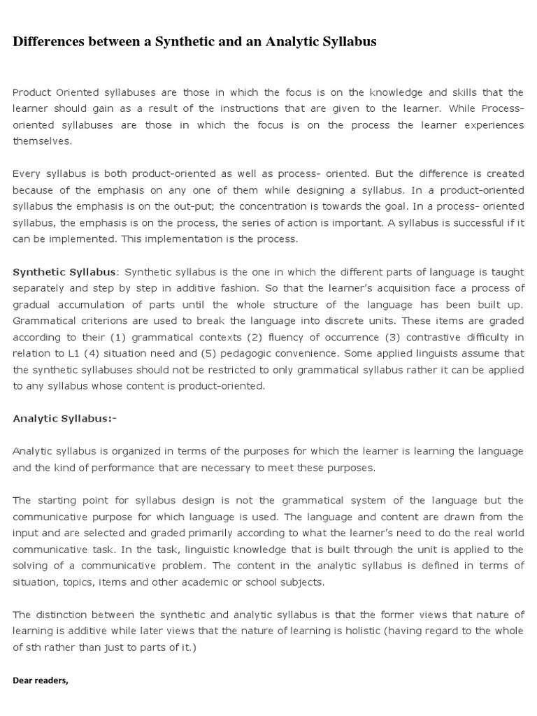 Differences Between A Synthetic and An Analytic Syllabus | PDF ...