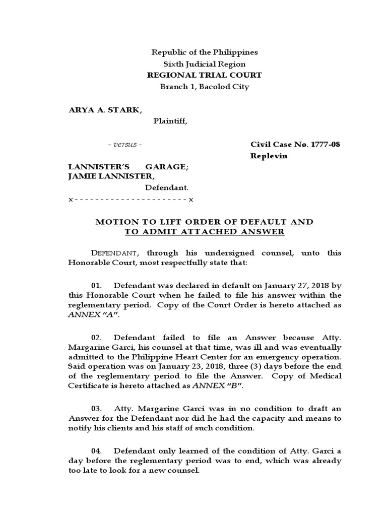 Motion to Lift Default Order in Replevin | PDF | Lawsuit | Separation ...