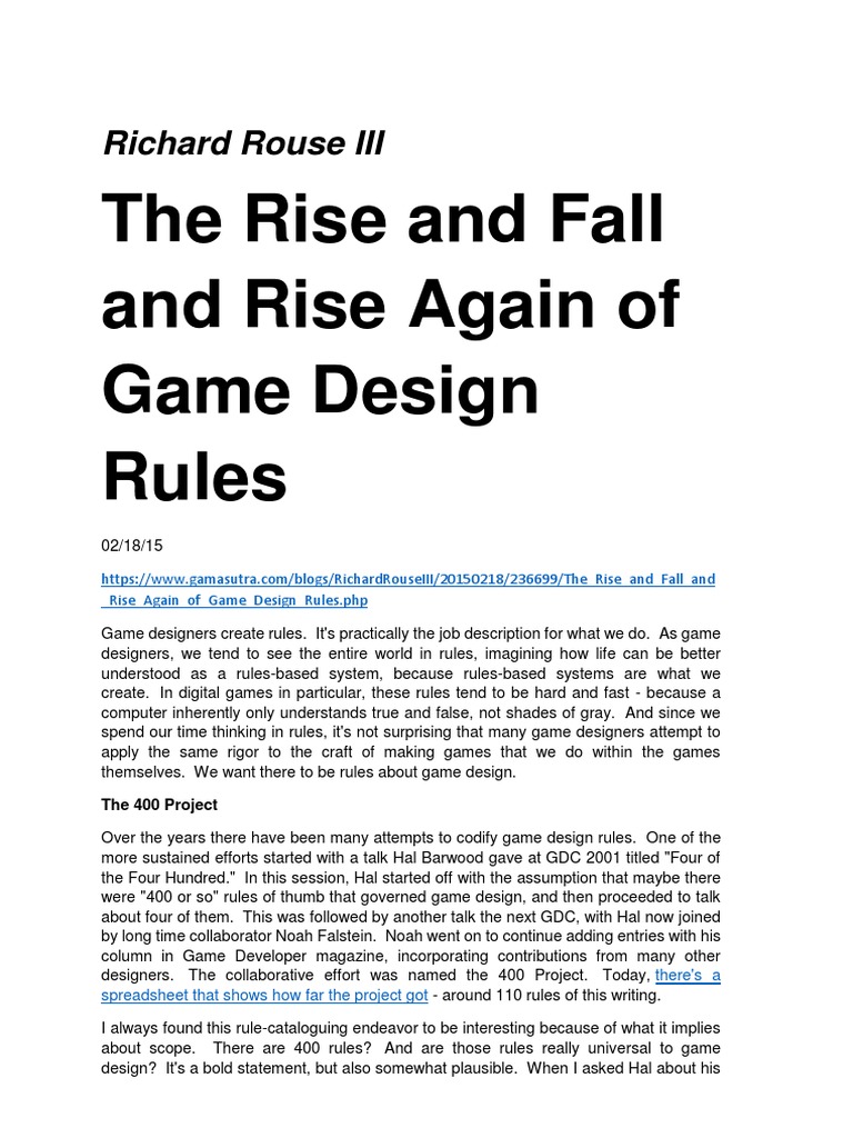 Richard Rouse III, The Rise and Fall and Rise Again of Game Design ...