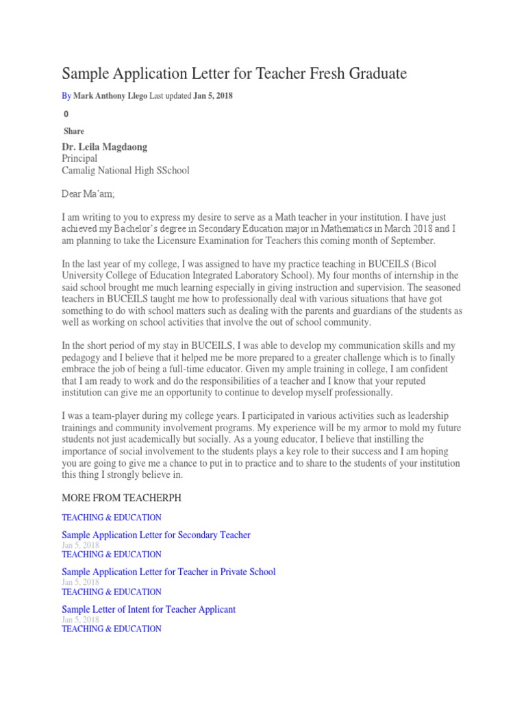 Application Letter for Fresh Graduate Teacher | PDF | Teachers ...