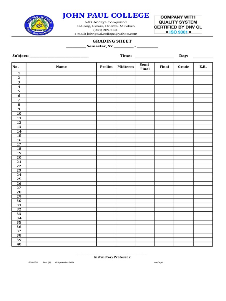 Student Grading Sheet Template | PDF