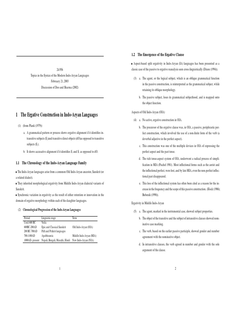 Ergative Construction in Indo Aryan | PDF | Grammatical Number ...
